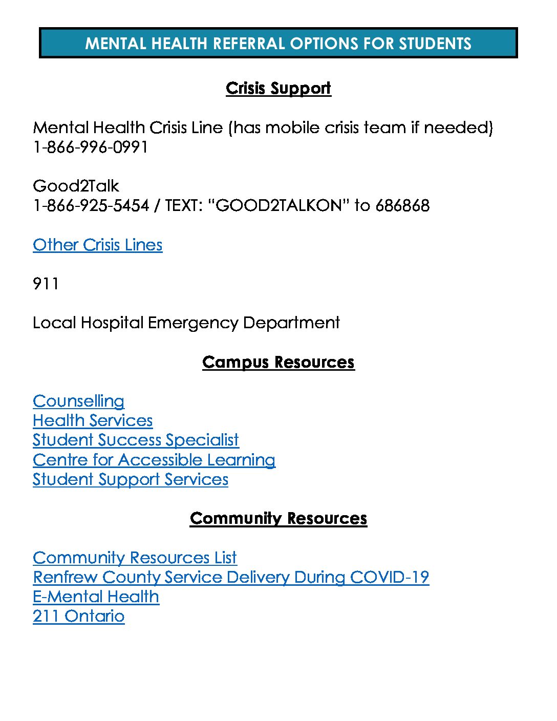 MENTAL HEALTH REFERRAL OPTIONS - Pembroke Campus