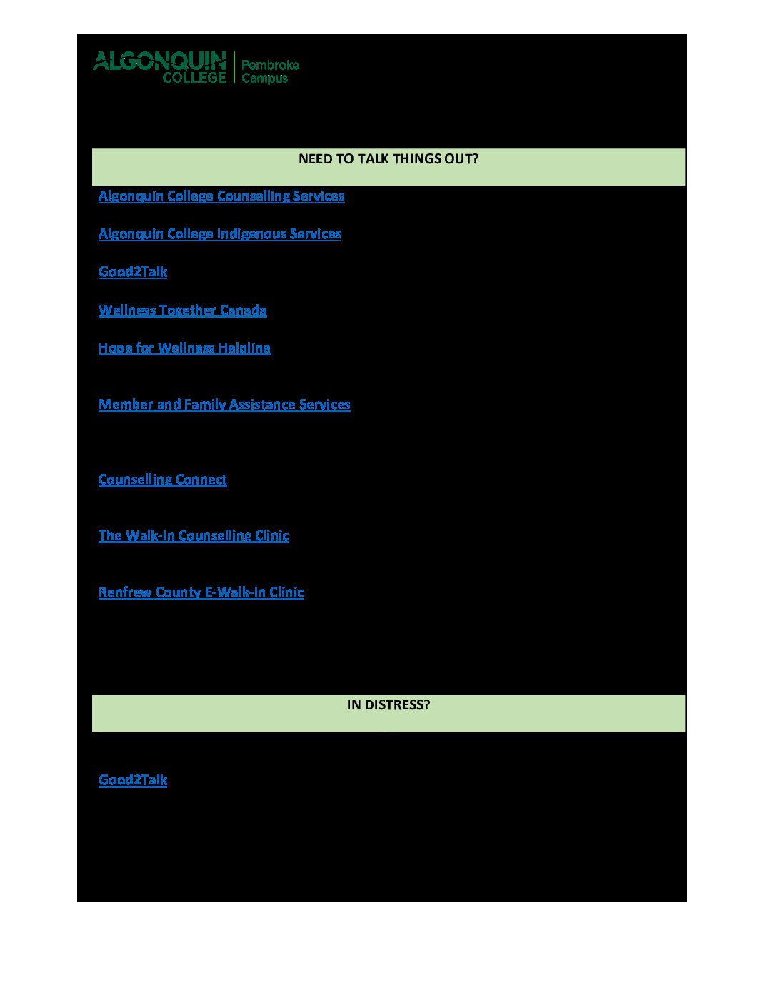 Overview of Mental Health and Emotional Support Resources - Pembroke Campus