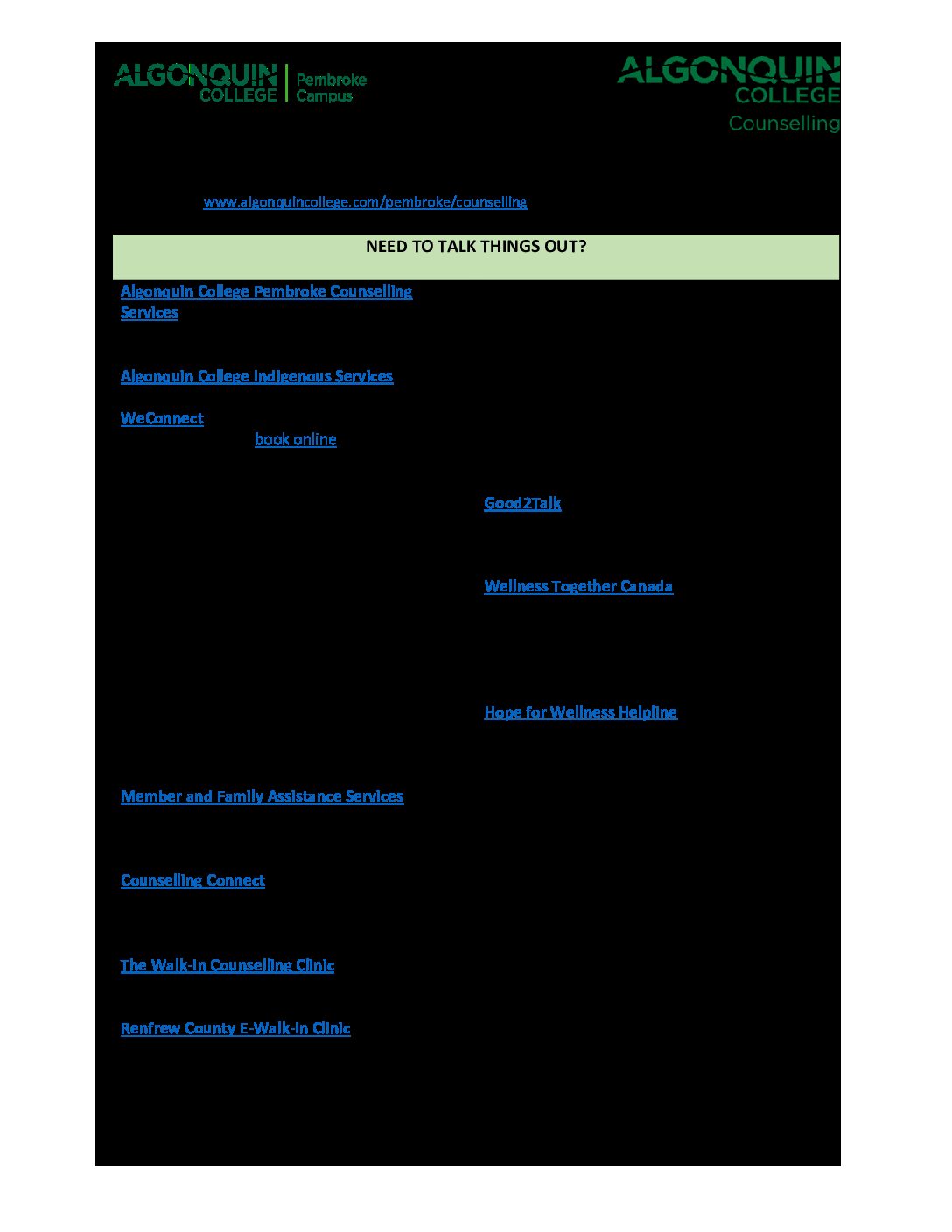 MENTAL HEALTH AND EMOTIONAL SUPPORT RESOURCES - Pembroke Campus