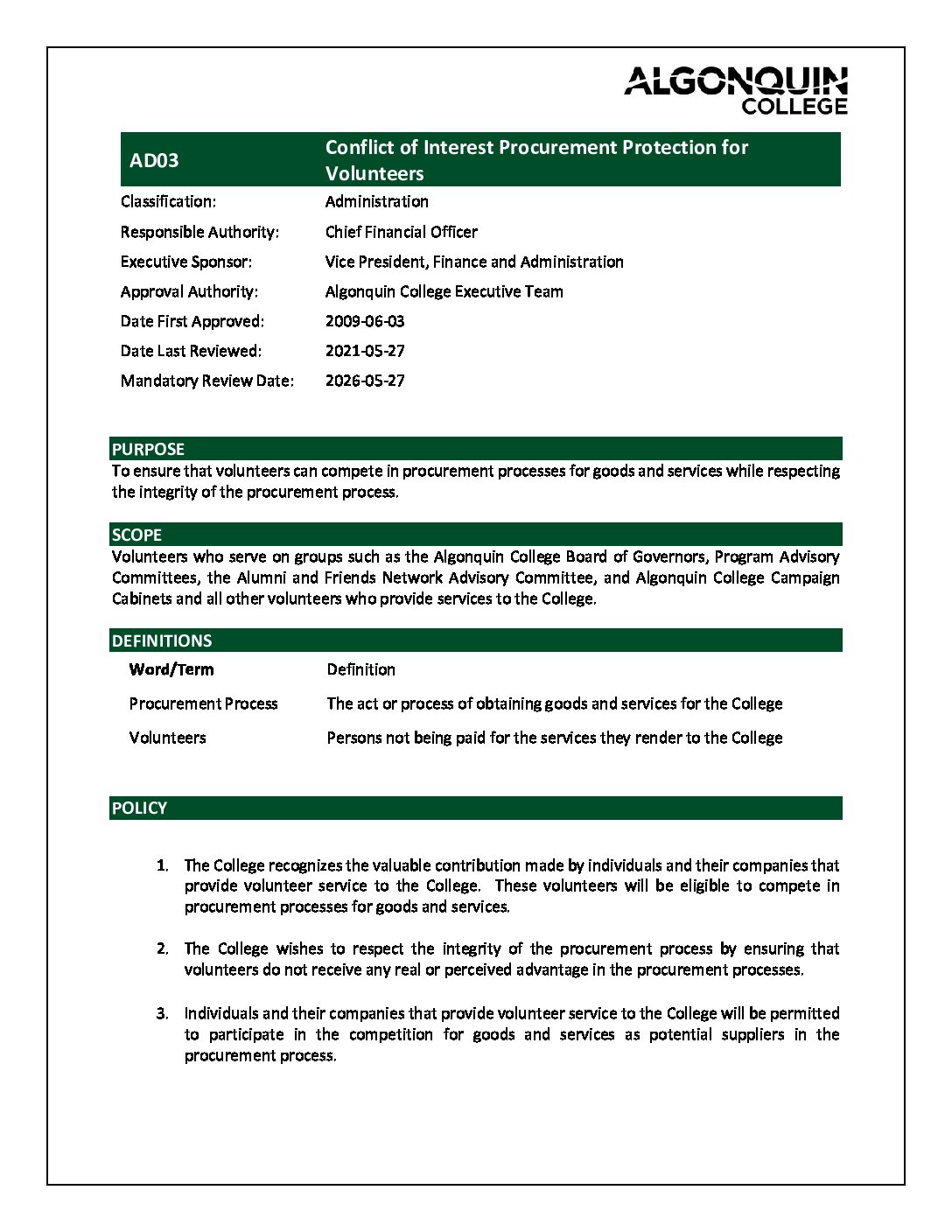 AD03 | Corporate Policies