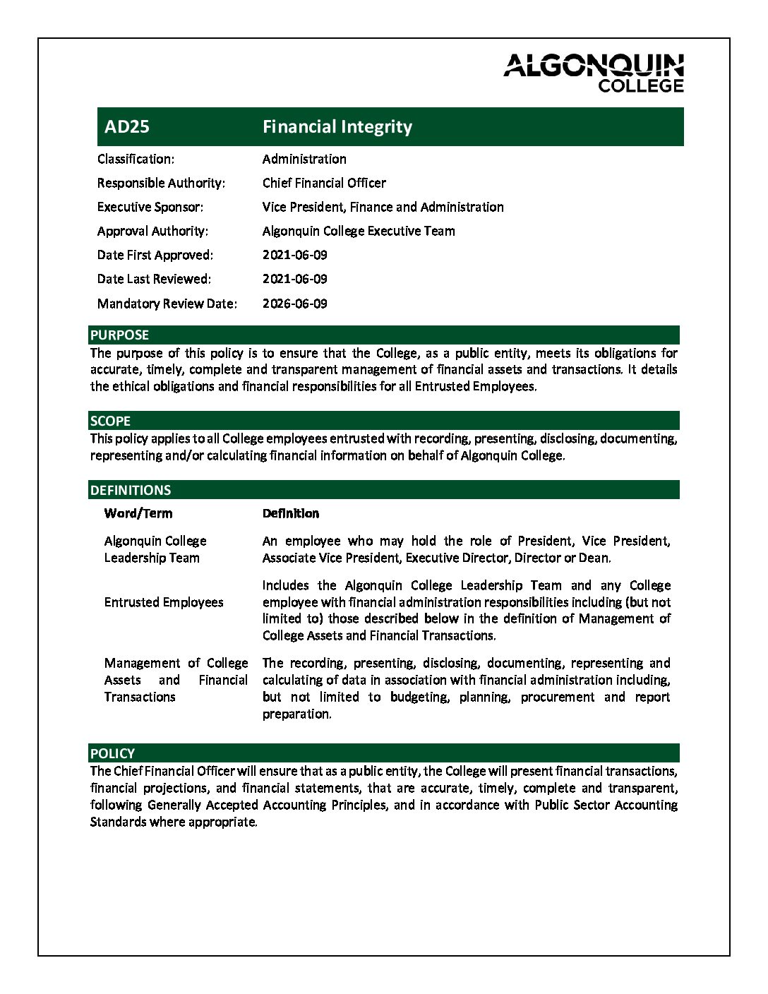 AD25 | Corporate Policies