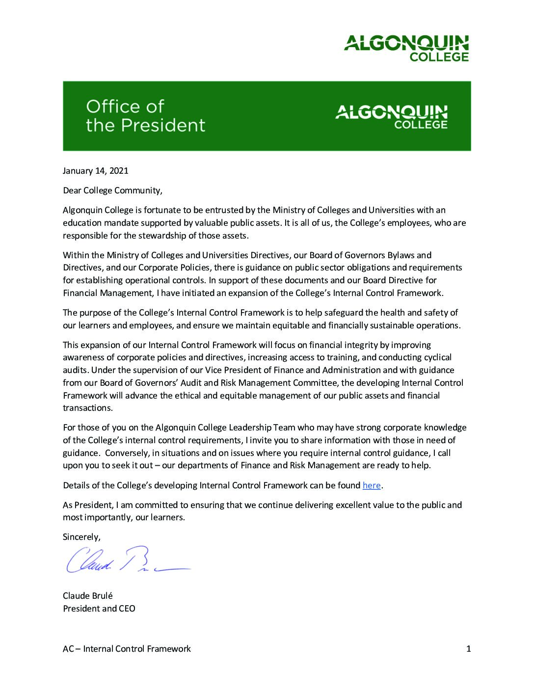 Internal Control Commitment Letter | Risk Management