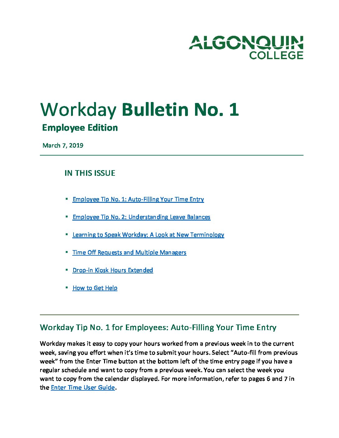 Workday Employee Bulletin No. 1 - Workday Support