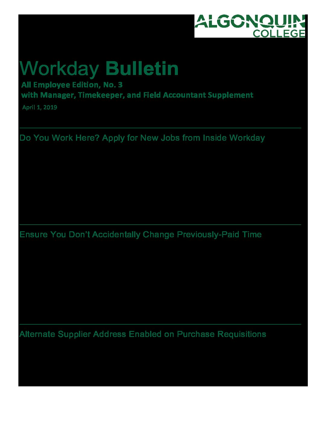Workday Employee Bulletin No. 3 with Supplement for Managers ...